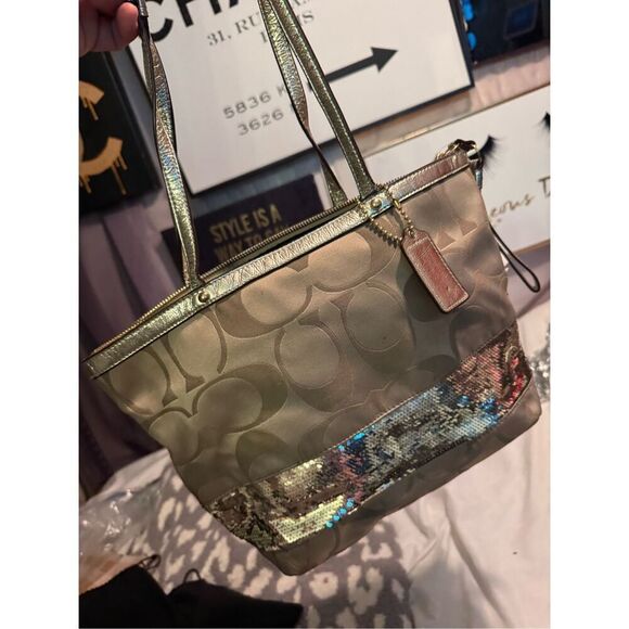 Coach | Bags | Coach Poppyvintage Gold Metallic Sequin Stripe Tote Bag ...